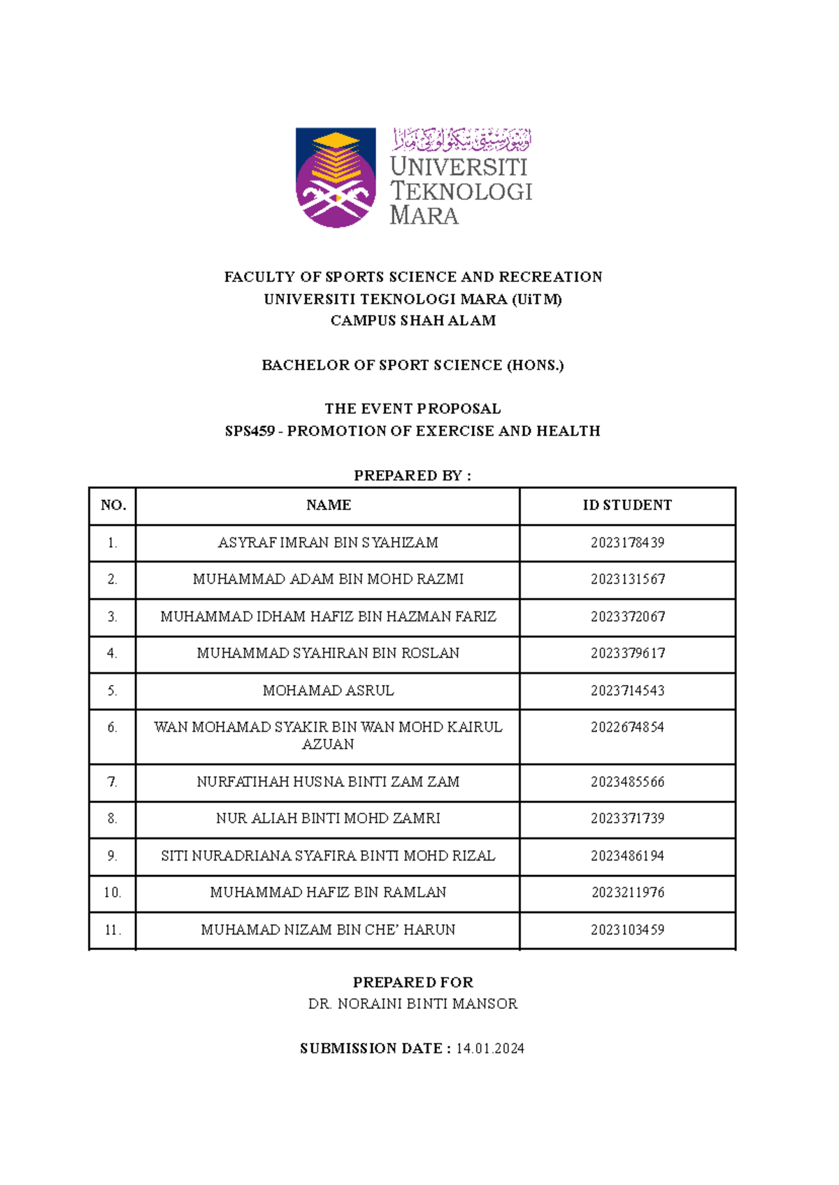Event Proposal for Fun Run: SPS459 - Promotion of Exercise & Health ...