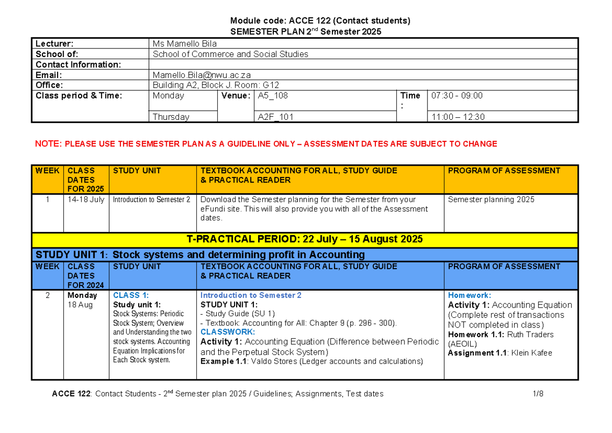 ACCE 122: 2nd Semester 2025 Semester Planning and Assessment Guide - Studocu