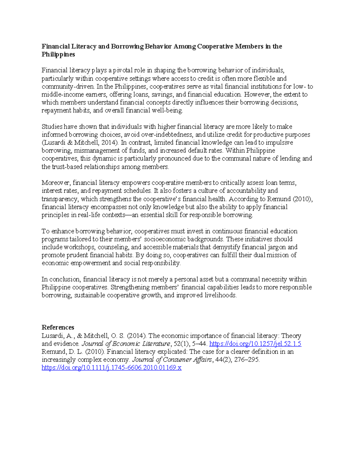 FIN 101: Financial Literacy & Borrowing Behavior in PH Cooperatives ...