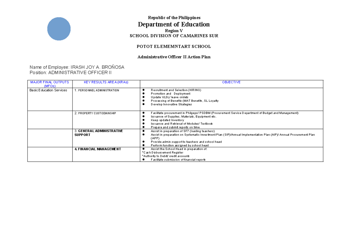 Administrative Officer II Action Plan - DepEd Region V - Studocu