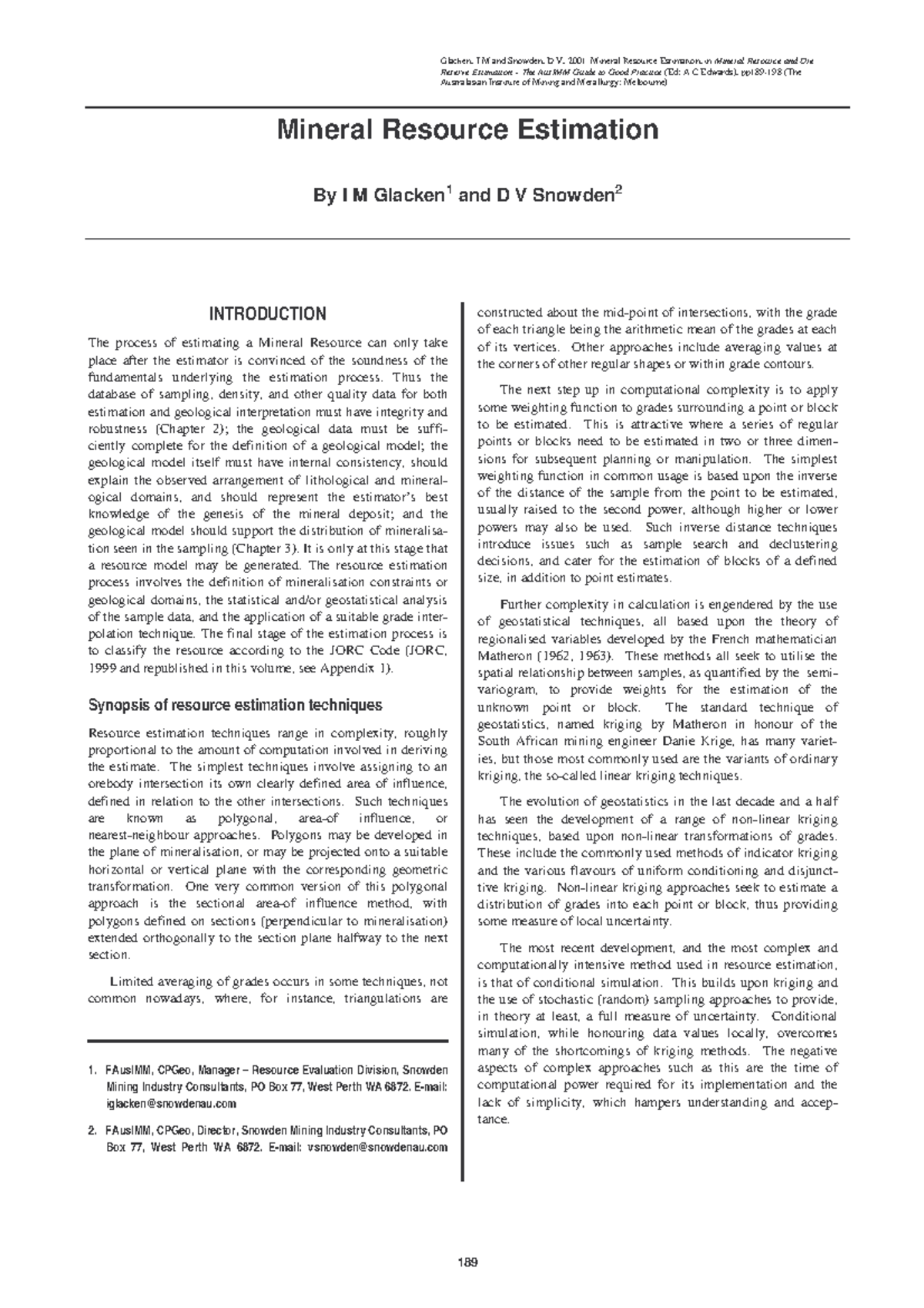 Mineral Resource Evaluation Techniques - Glacken & Snowden 2001 - Studocu