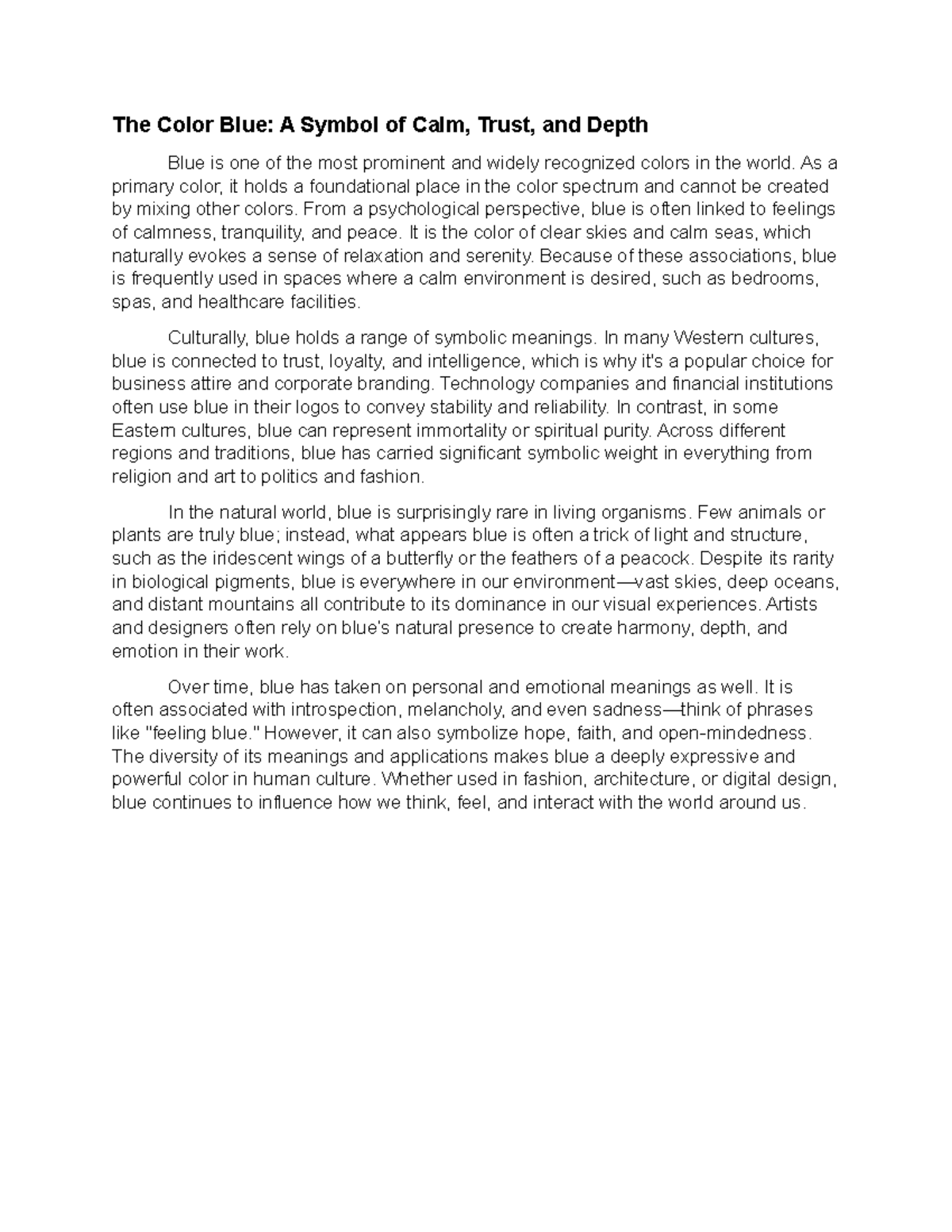 The Color Blue: Symbolism of Calmness, Trust, and Depth Analysis - Studocu