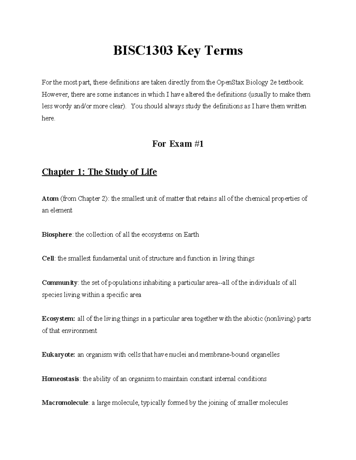 BISC1303 Exam Key Terms & Definitions: Chapters 1-19 Overview - Studocu