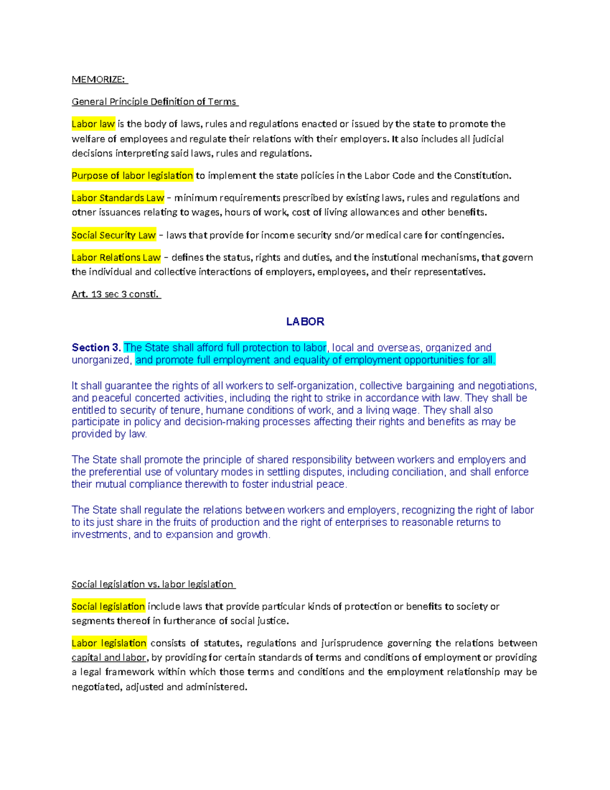 Labor Law 101: Key Principles and Social Legislation Overview - Studocu