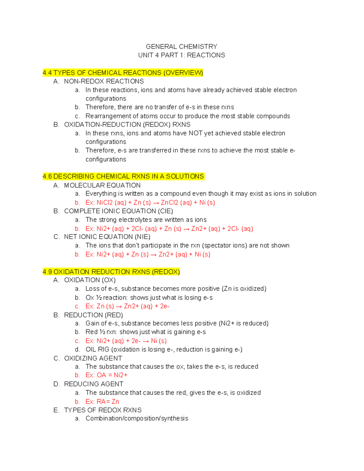 General Chemistry Unit 4 Study Guide: Reactions, Stoichiometry & Gas ...