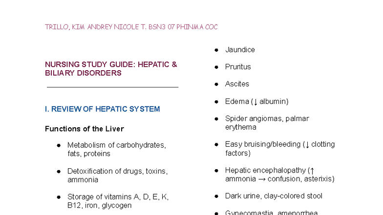 BSN3 07 PHINMA COC Nursing Study Guide: Hepatic Biliary Disorders ...