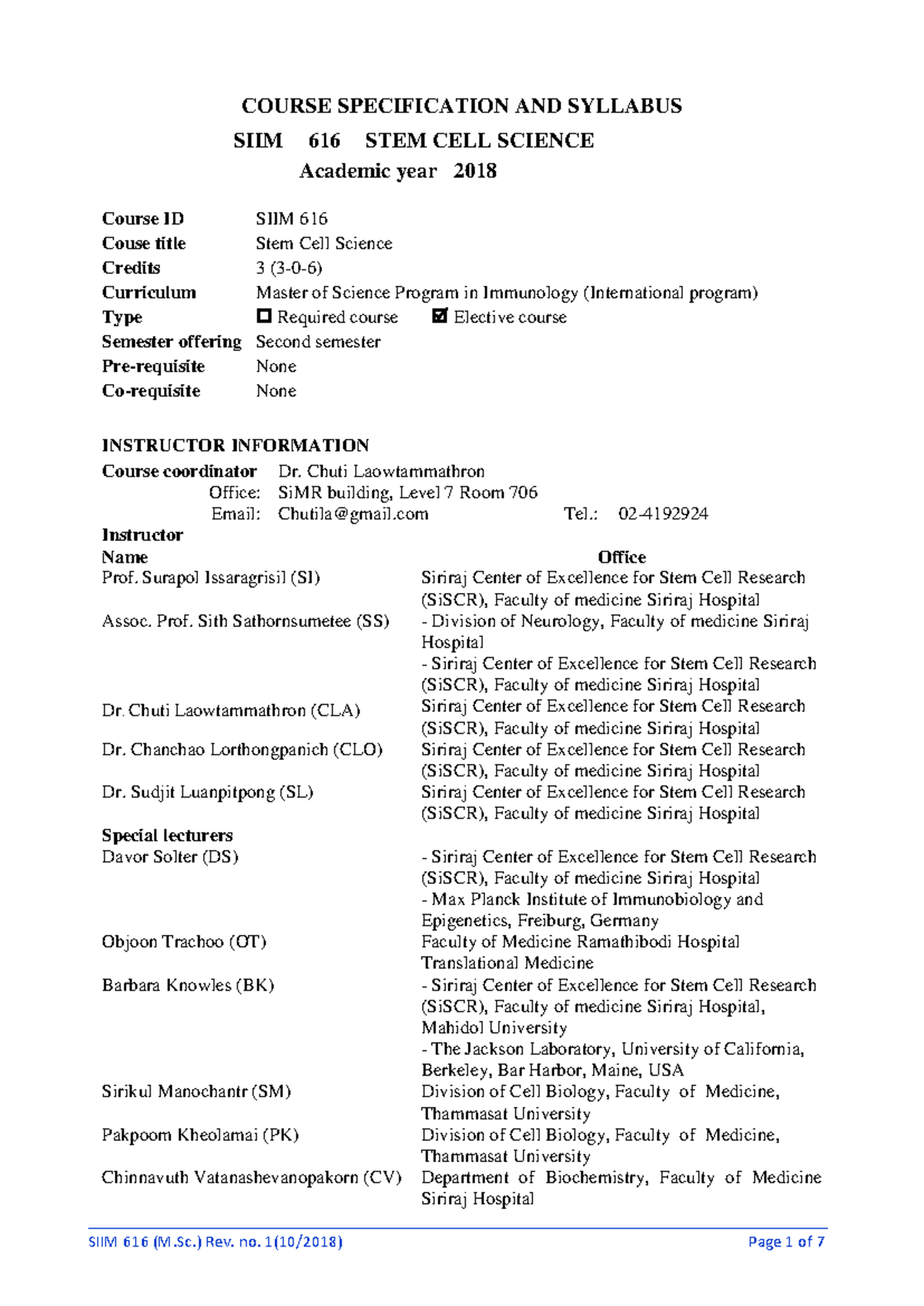 SIIM 616 Stem Cell Science Course Syllabus and Learning Outcomes - Studocu