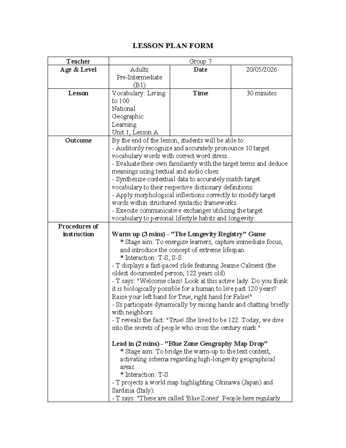 Lesson Plan (B1) for Group 7 Adults: Vocabulary on Longevity - Studocu