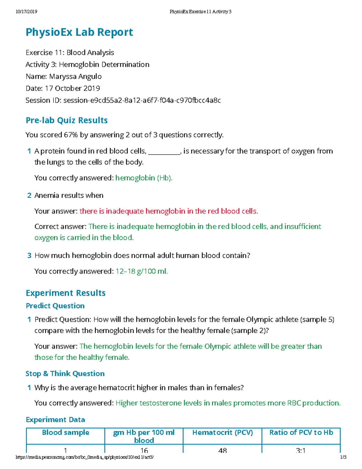 PhysioEx 11: Blood Analysis & Hemoglobin Determination Lab Report - Studocu