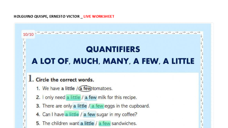 UNIT 9 Homework - Quantifiers Worksheet: A Lot, Much, Many, Few, Little - Studocu