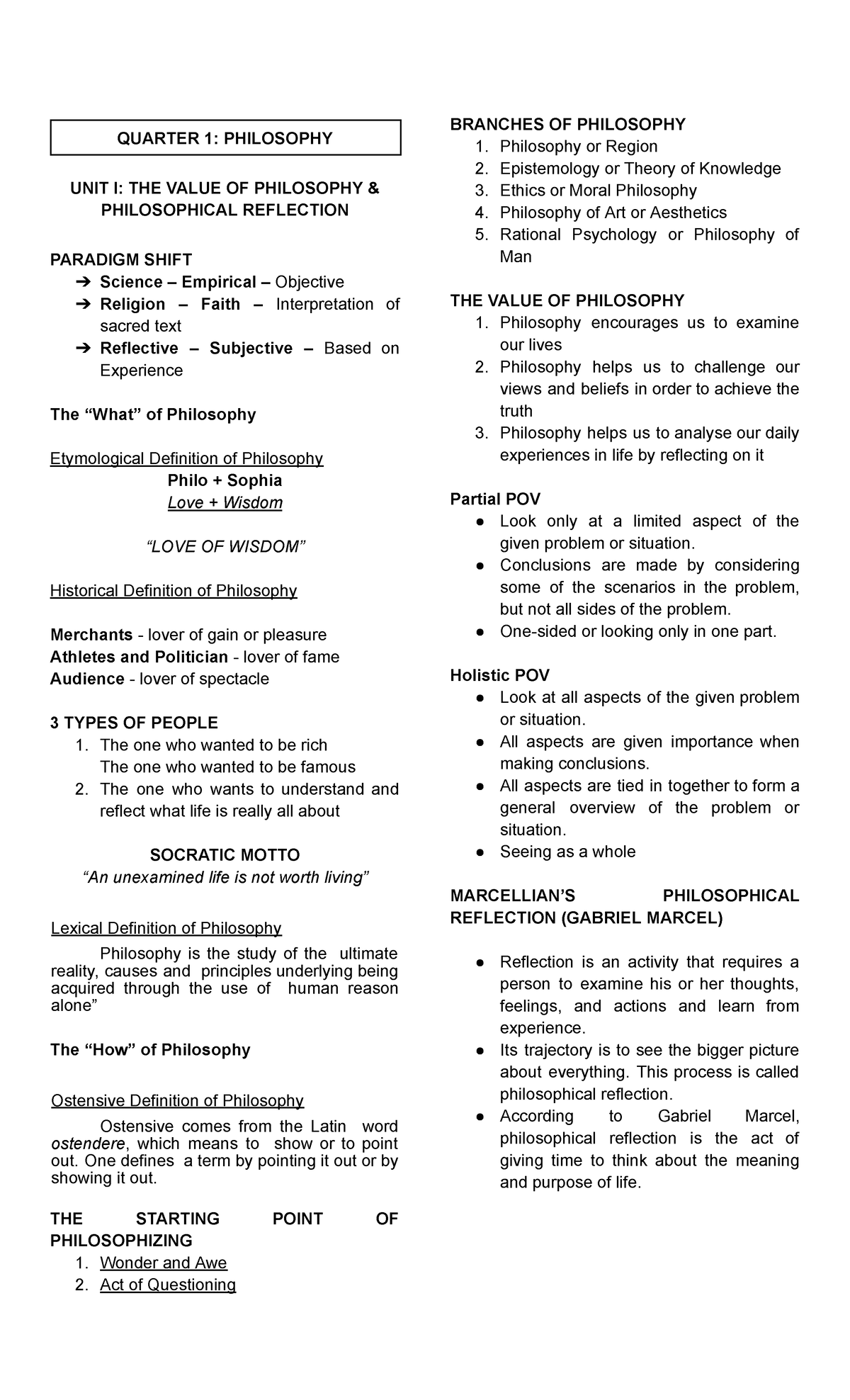 PHIL 101: Quarter 1 Philosophy - The Value of Philosophy and Reflection ...