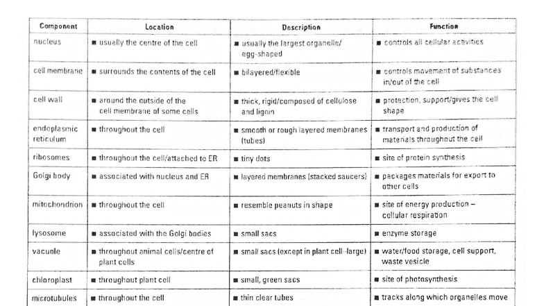2.1 Cell Components Chart: Functions & Descriptions - Studocu