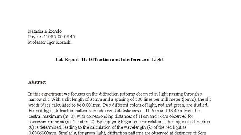 Physics 1108 Lab Report 11: Diffraction & Interference of Light - Studocu