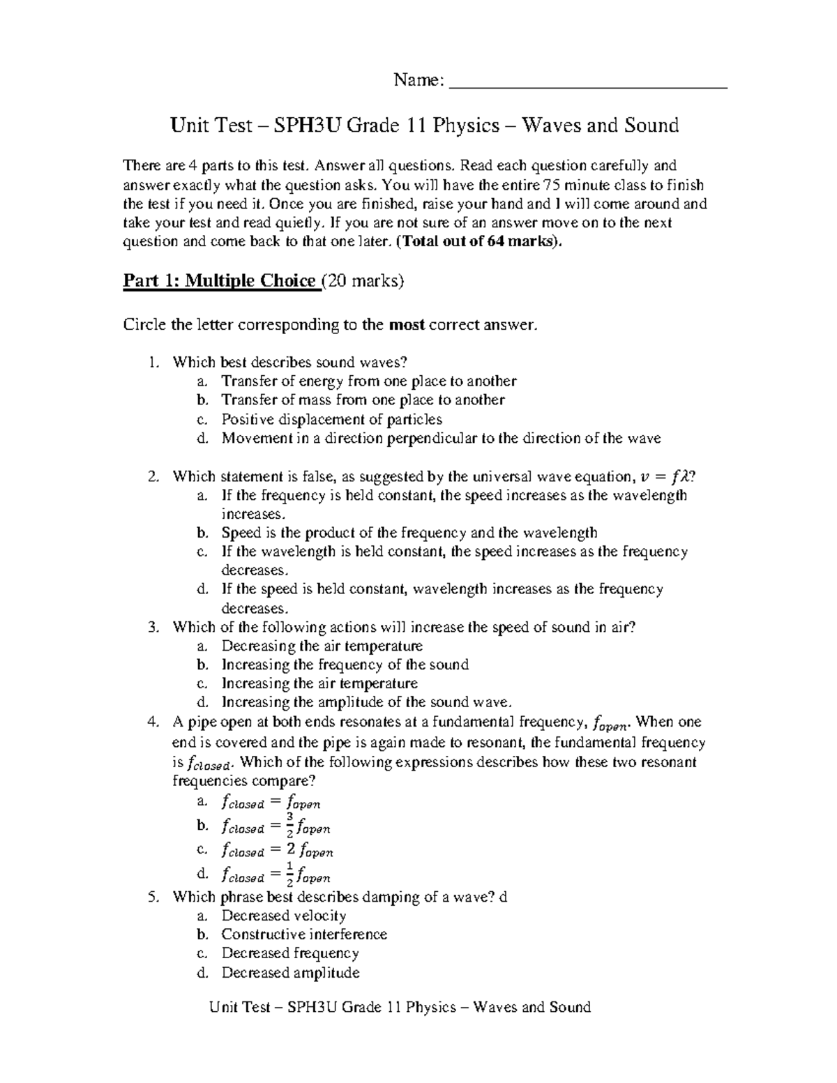 Unit Test SPH3U: Grade 11 Physics - Waves and Sound - Studocu