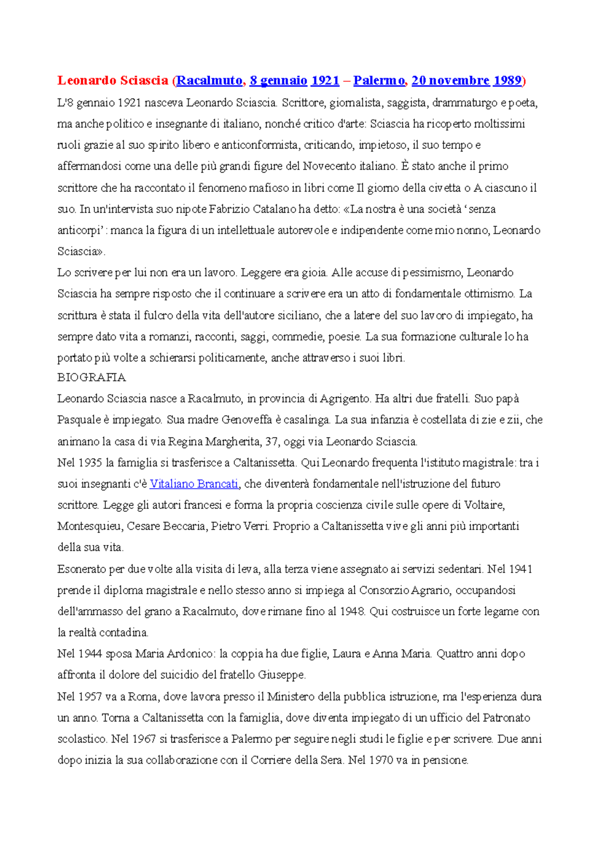 Leonardo Sciascia (opere e pensiero) - Leonardo Sciascia (Racalmuto, 8 ...