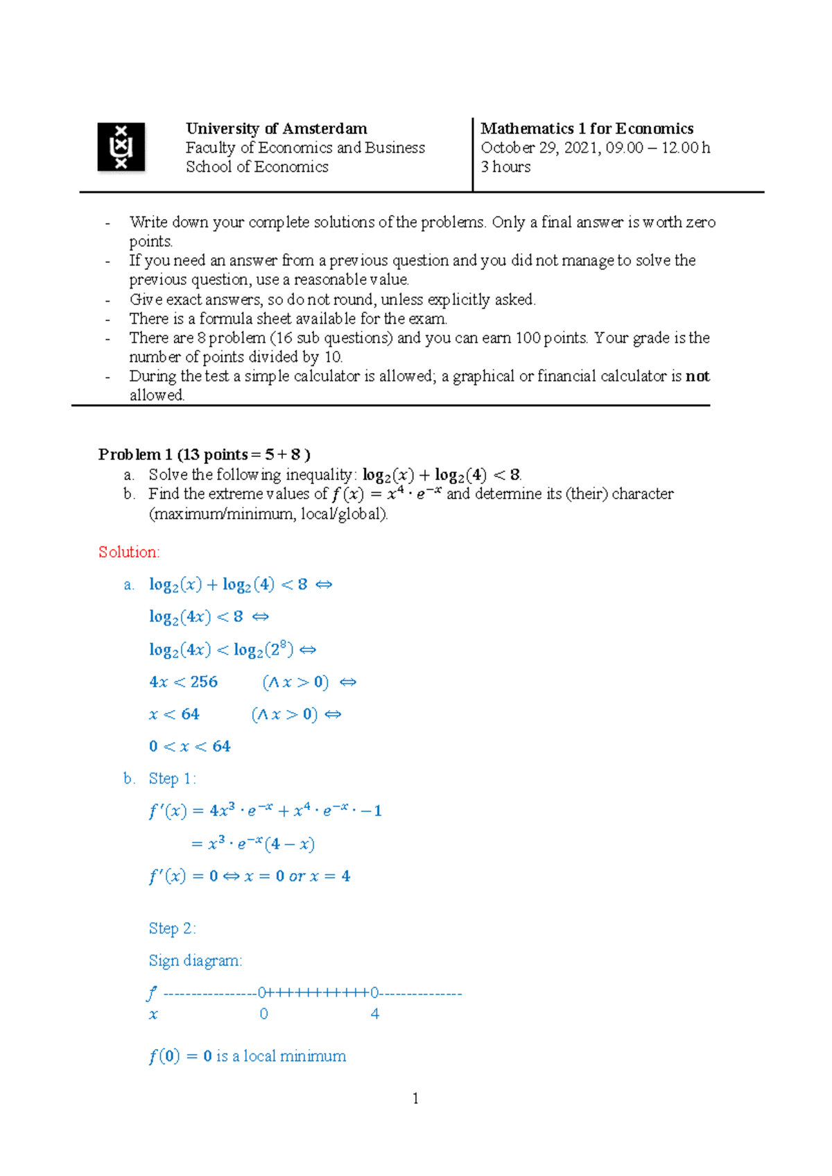 Mathematics 1 for Economics (ECO101) - Final Exam Solutions (Oct 29 ...