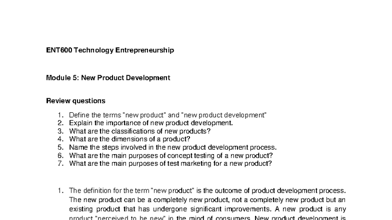 ENT600 Technology Entrepreneurship Module 5: New Product Development Q ...