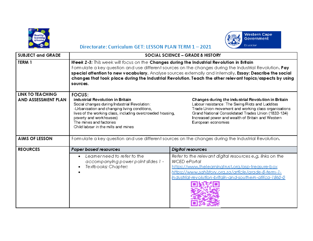 Lesson Plan SP Grade 8 SS History T1 W2: Industrial Revolution Focus ...