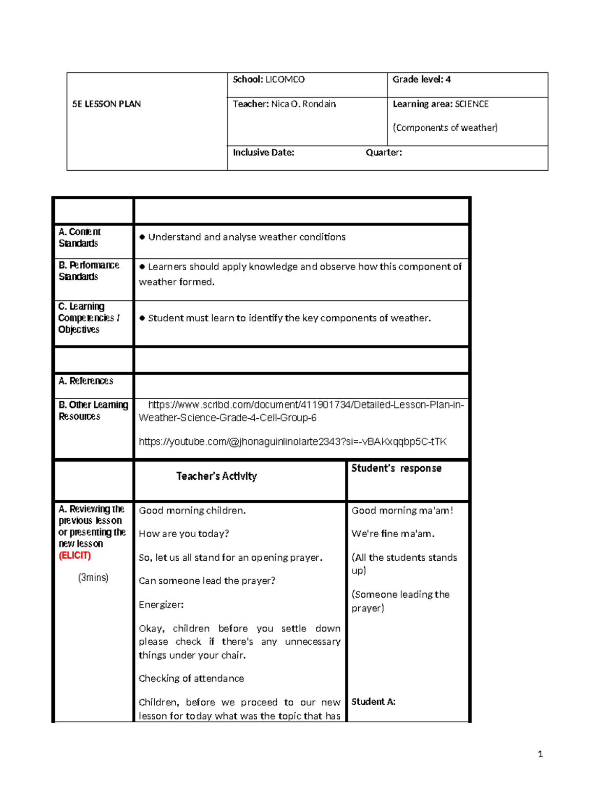 5E LESSON PLAN: Understanding Weather Components for Grade 4 (SCIENCE ...