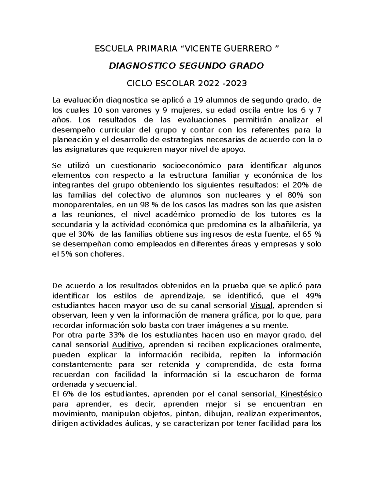 Informe de Diagnóstico Segundo Grado - Ciclo 2022-2023 - Studocu