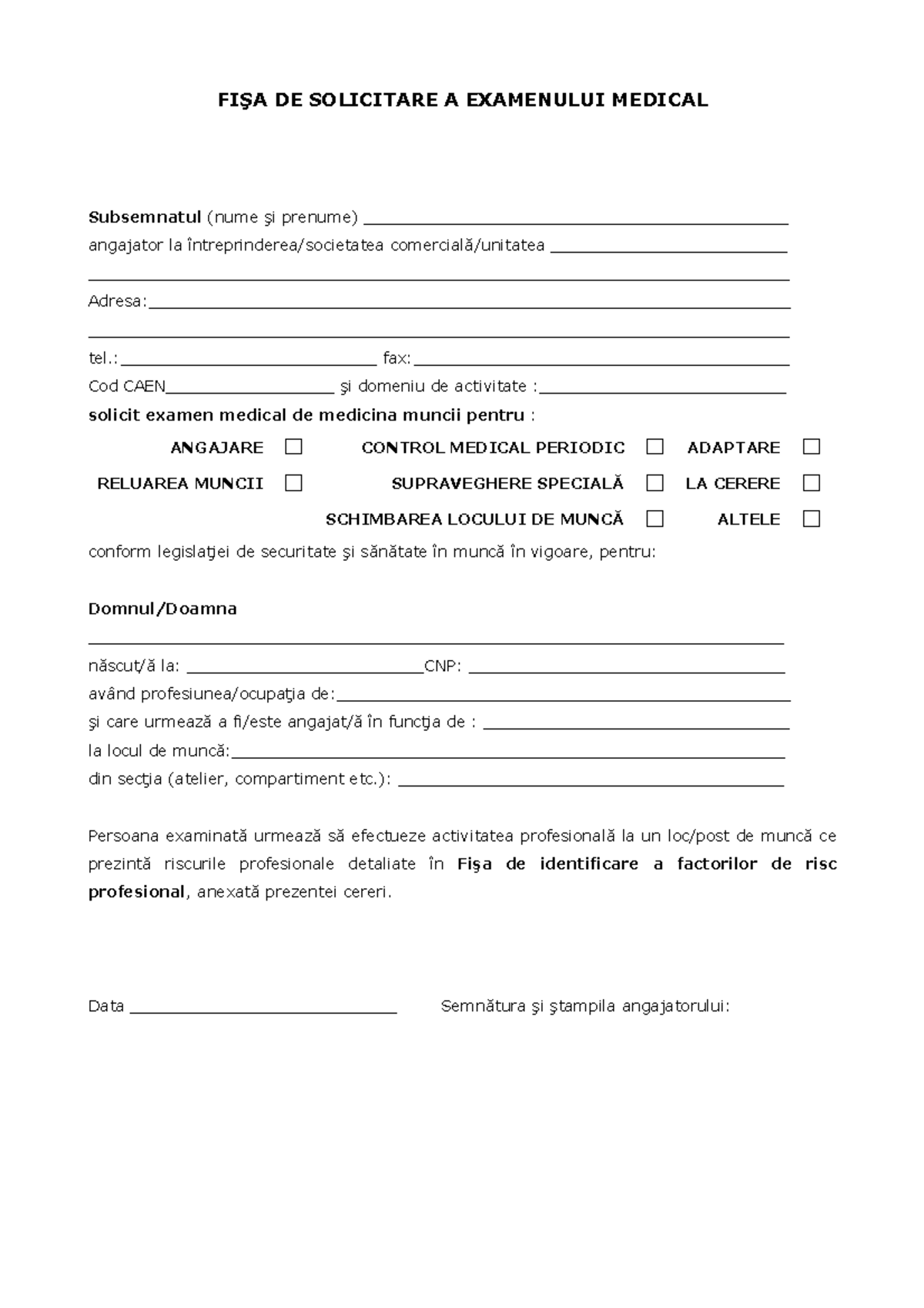 Fisa solicitare examen medicina muncii - FI A DE SOLICITARE A ...