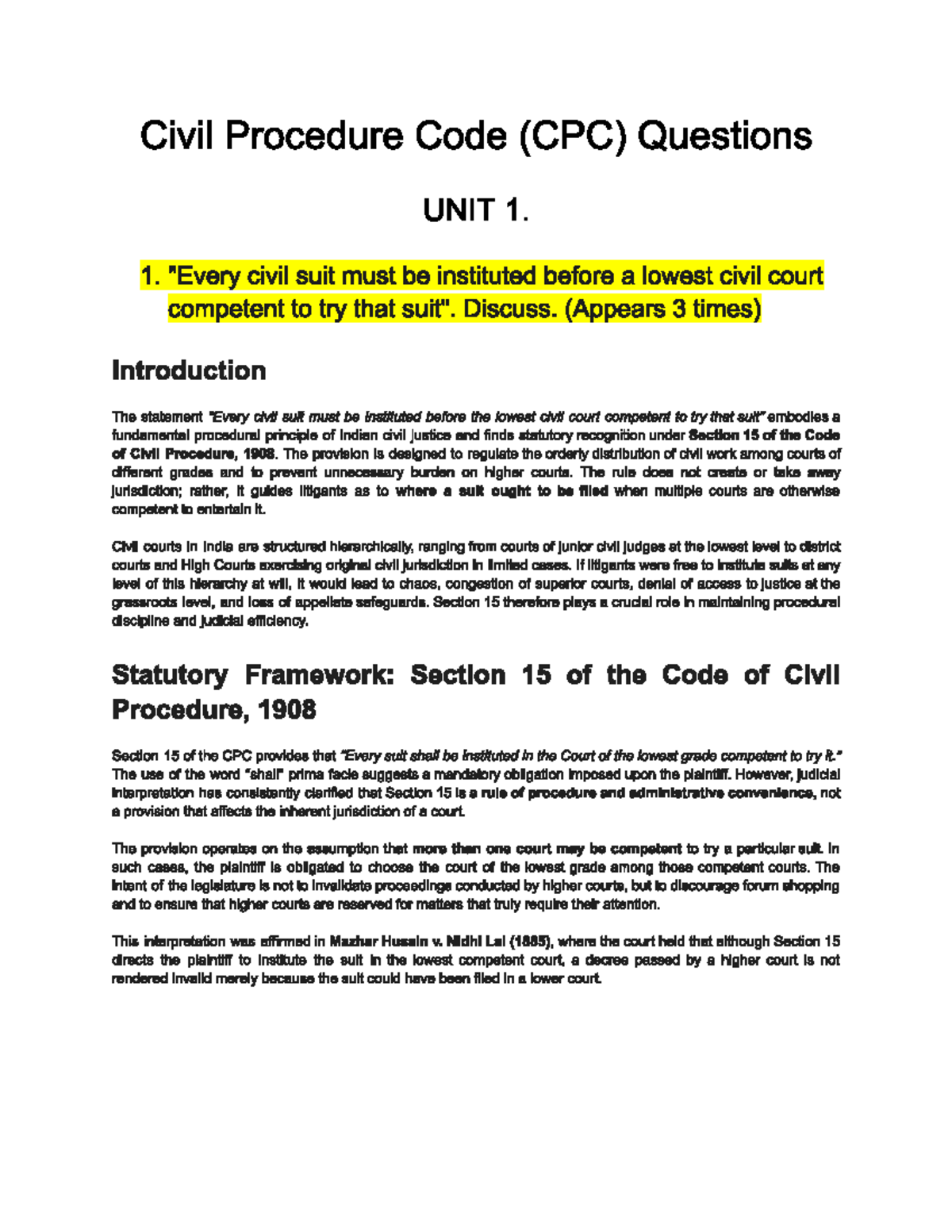CPC Unit 1: Key Principles and Provisions of Civil Procedure Code - Studocu