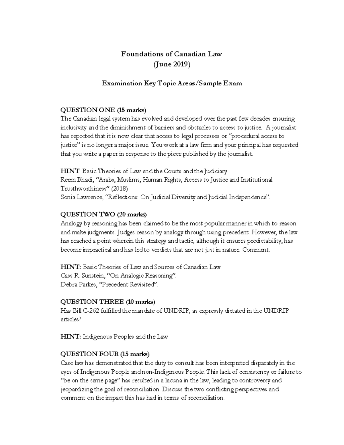 Foundations of Canadian Law Sample Exam 2019 (Course Code: LAW-101 ...