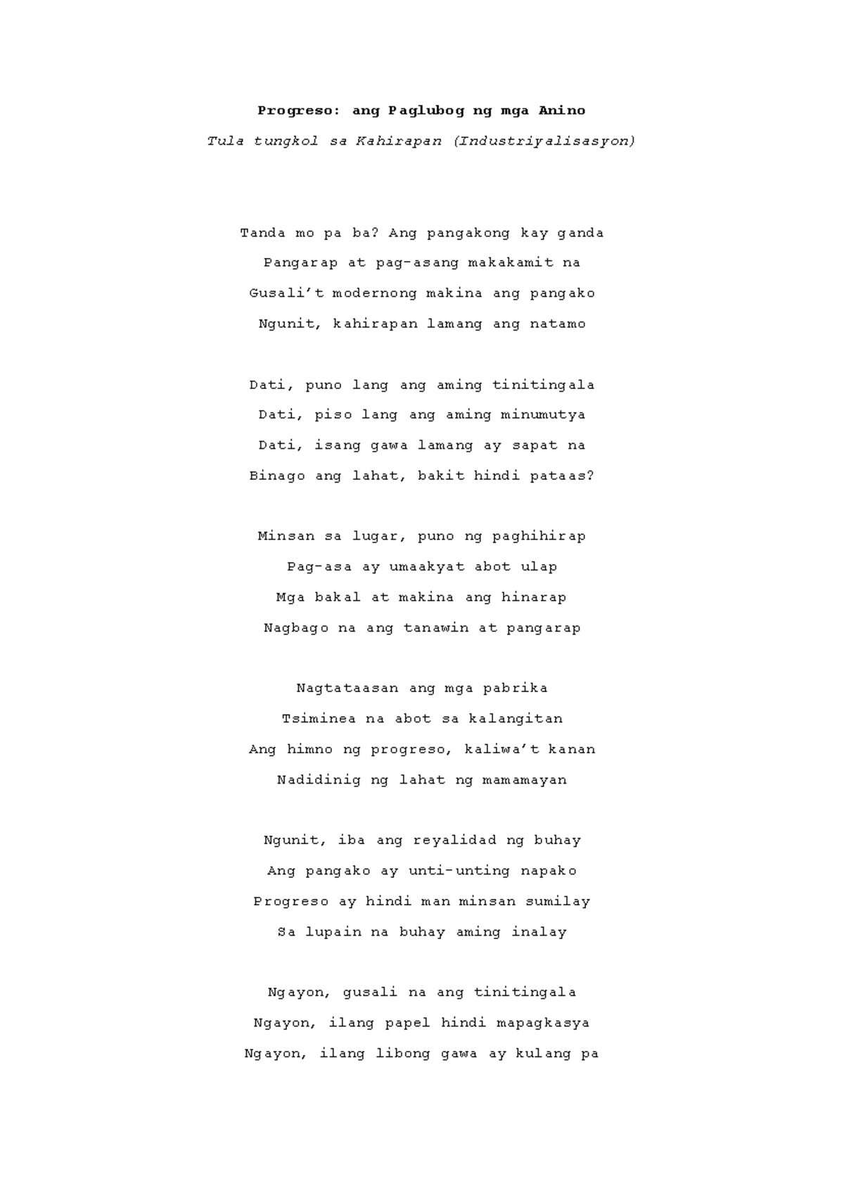 Tula - Panitikang Pilipino - Progreso: ang Paglubog ng mga Anino Tula tungkol sa Kahirapan - Studocu