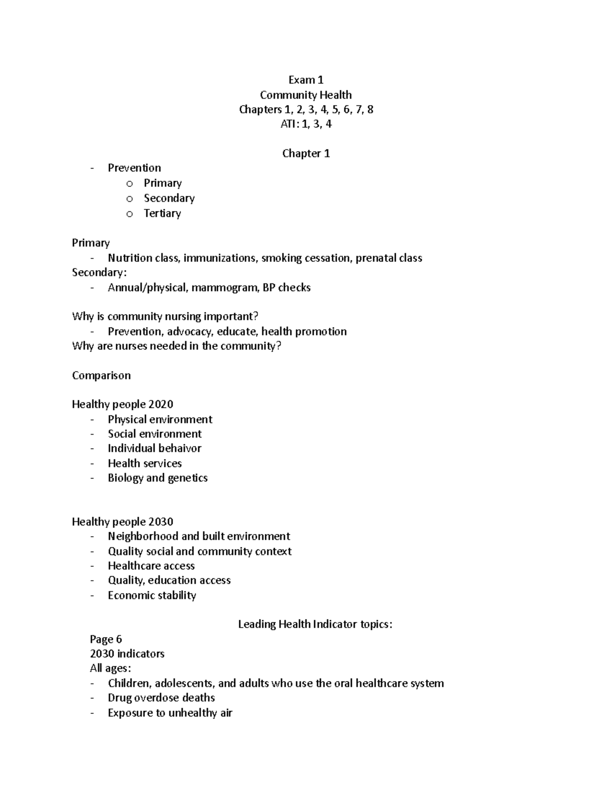 Exam 1 Review: Community Health Overview and Key Concepts - Studocu