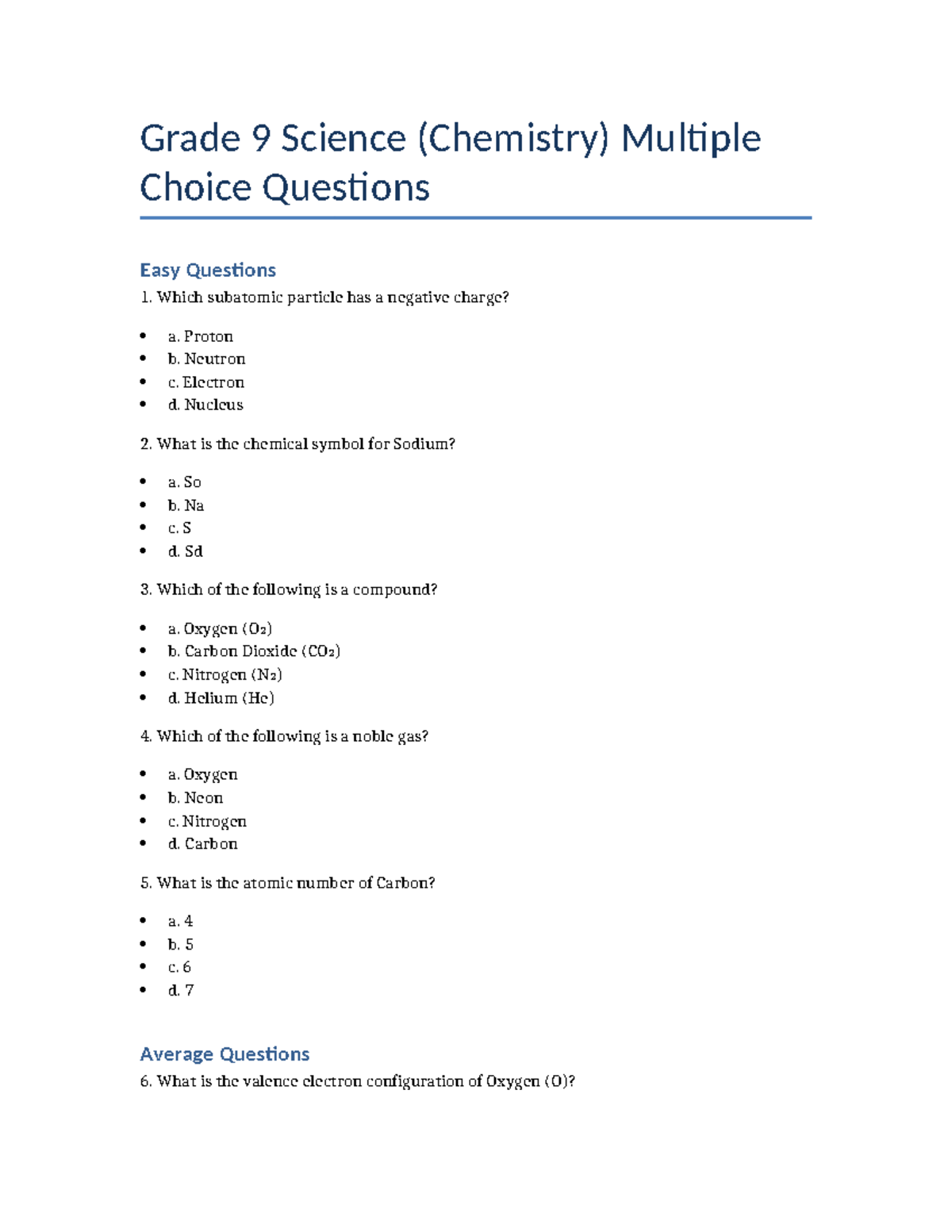 Grade 9 Science (Chemistry) MCQs: Easy to Difficult Questions - Studocu