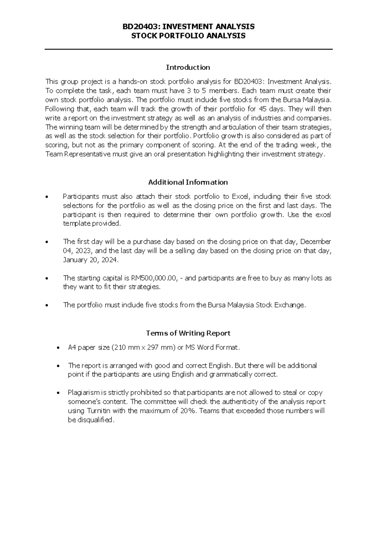 BD20403 Investment Analysis Group Assignment 2023 - BD20403: INVESTMENT ...
