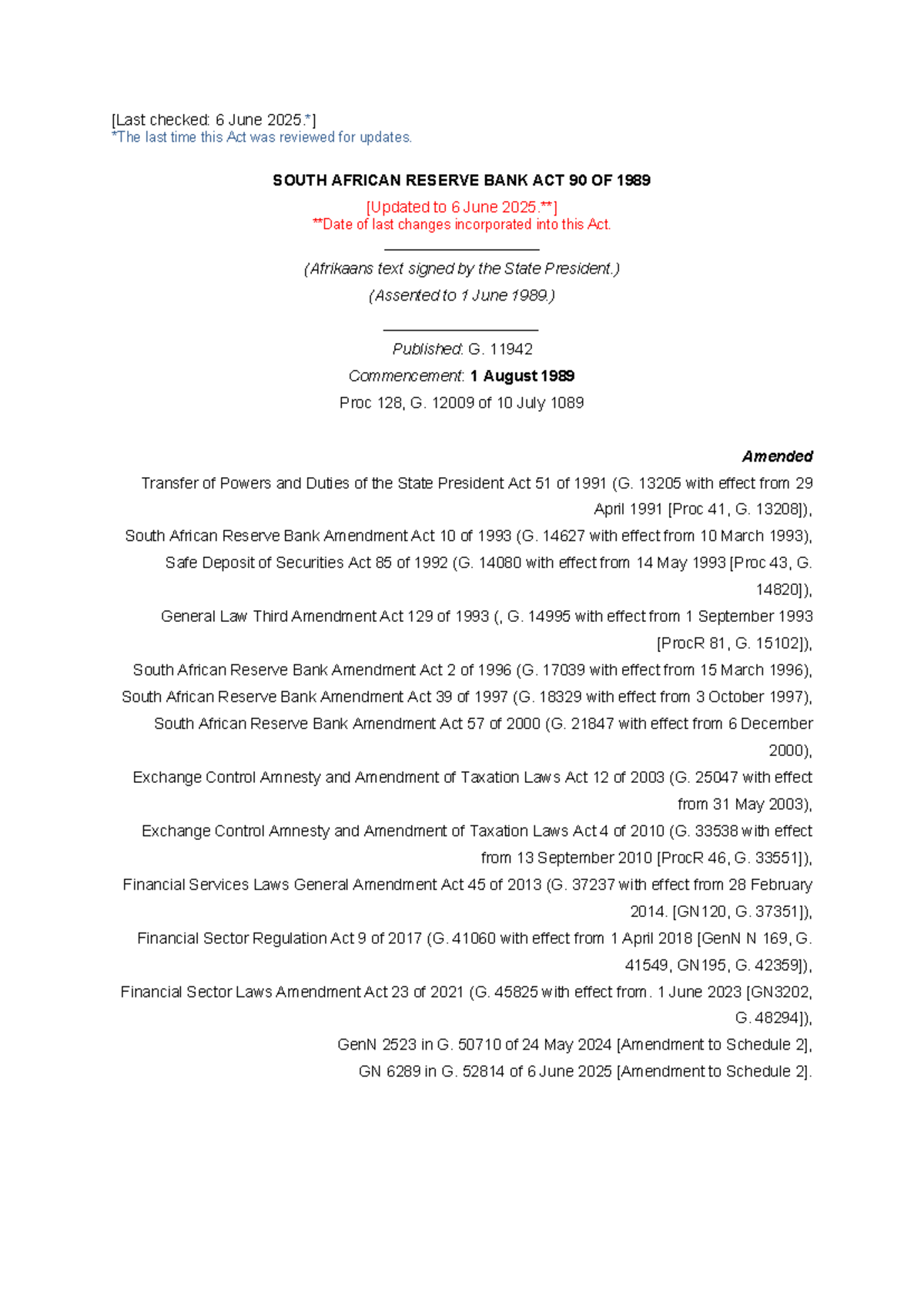 SARB ACT 90 OF 1989 - SOUTH AFRICAN RESERVE BANK ACT STUDY NOTES - Studocu