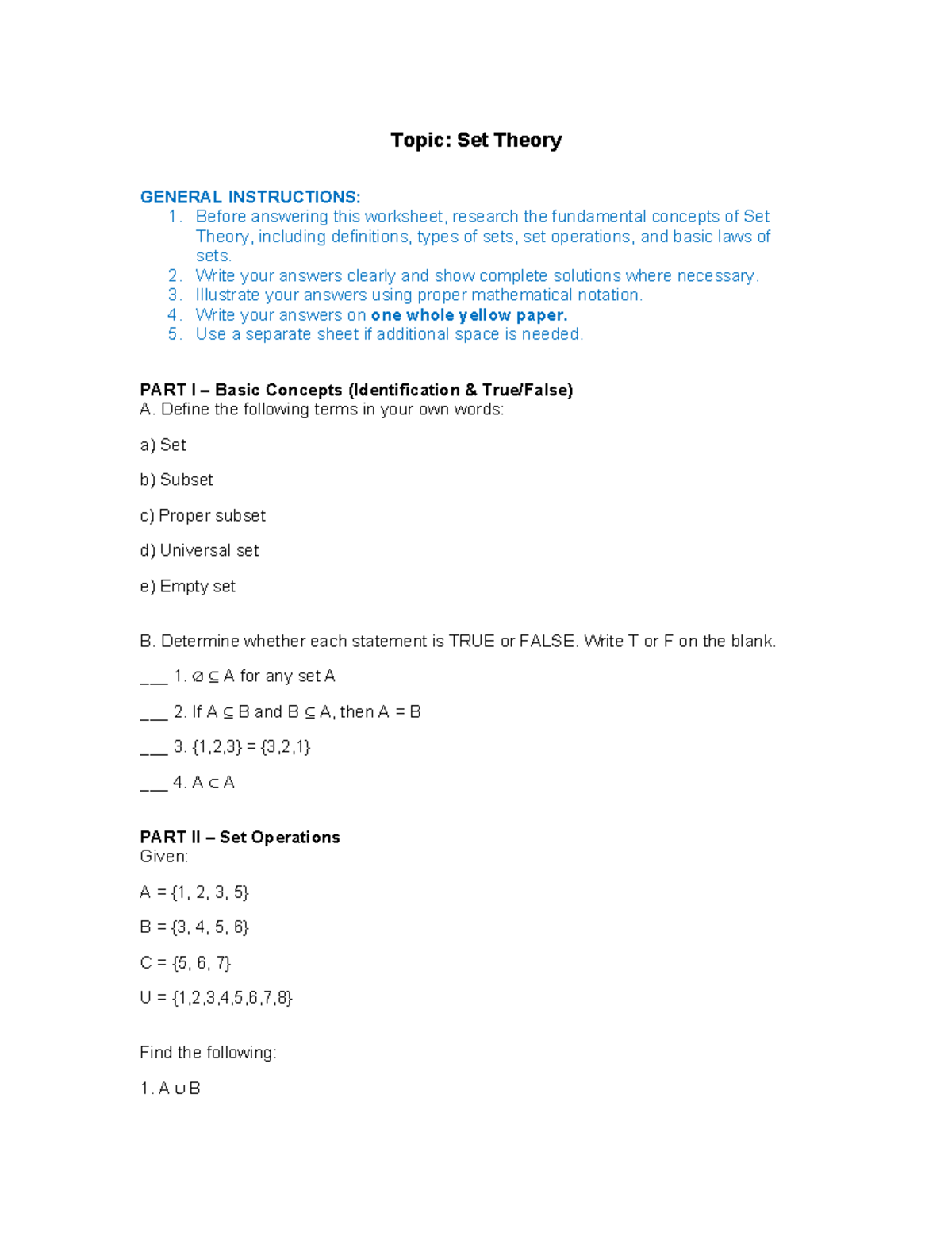 Set Theory Worksheet: Concepts & Operations (Part 1-3) - Studocu