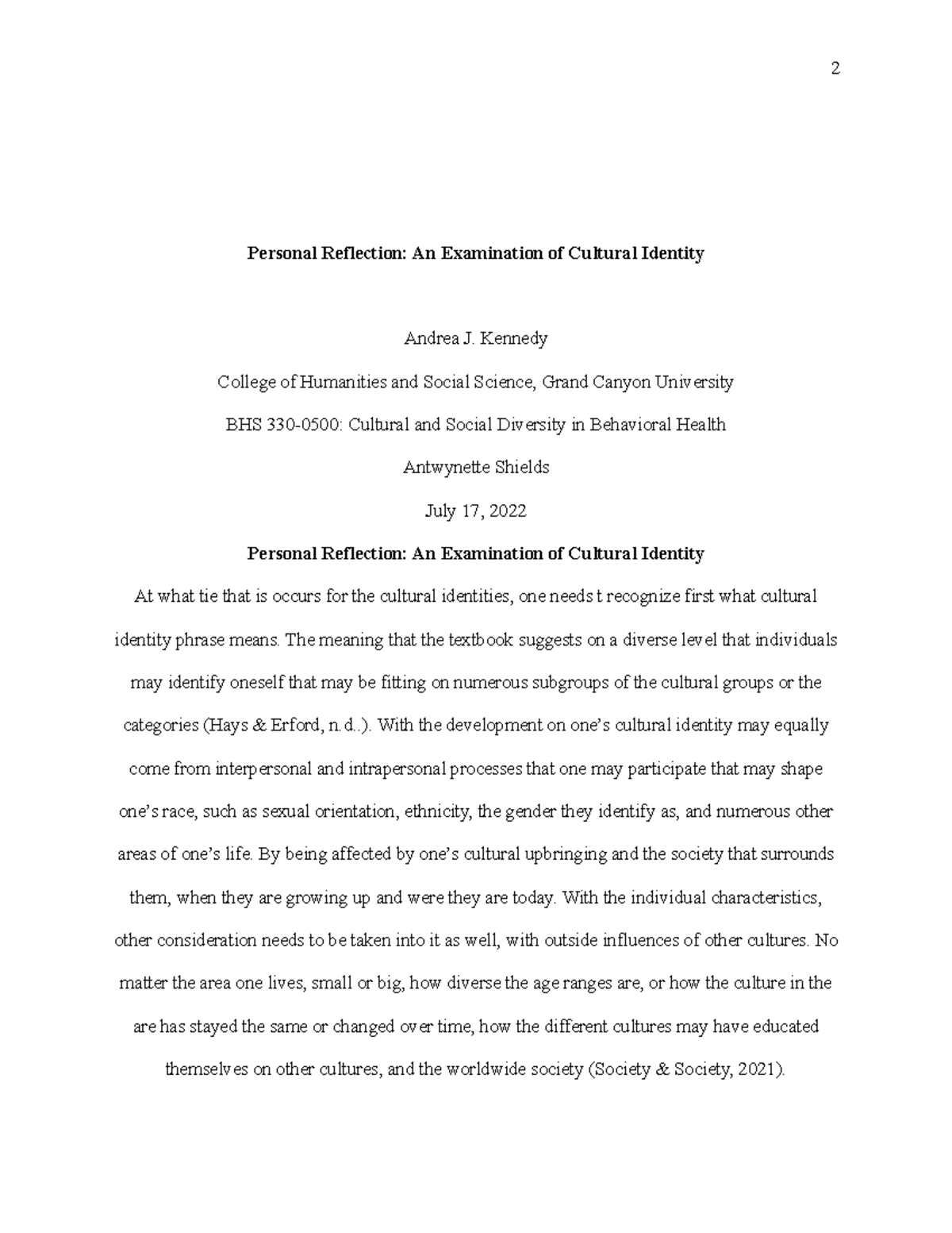 Personal Reflection- An Examination of Cultural Identity - Kennedy ...