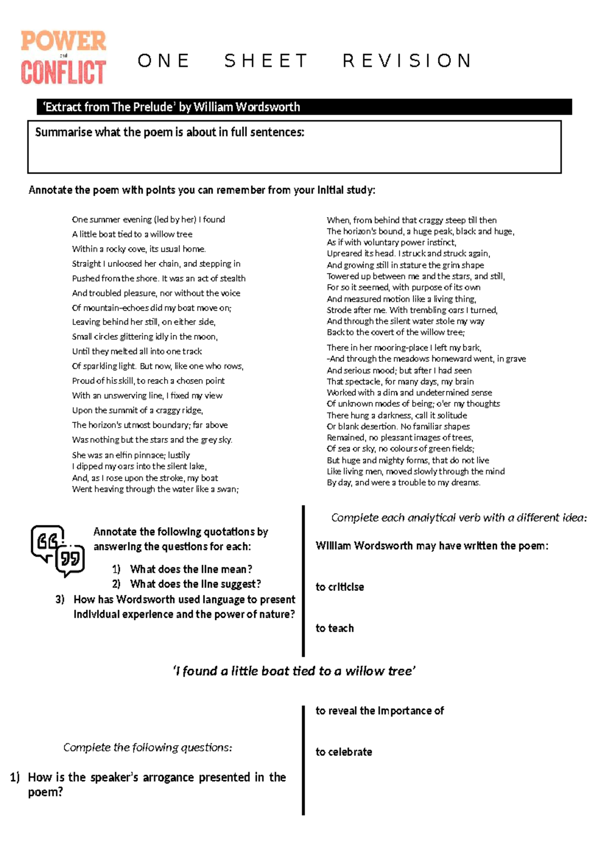 The Prelude - One Sheet Revision Notes on Wordsworth's Poem Analysis ...