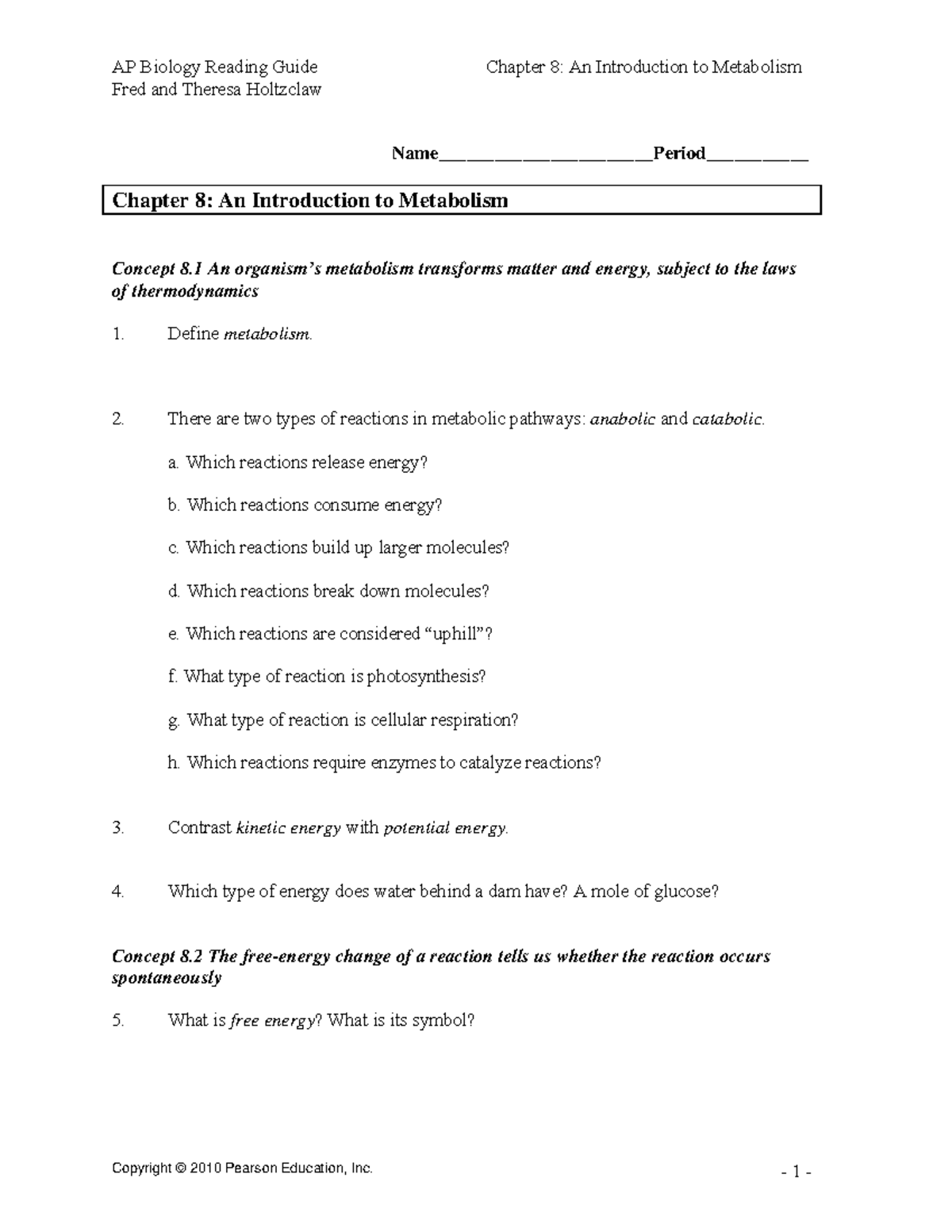AP Biology Reading Guide: Chapter 8 - Introduction to Metabolism - Studocu