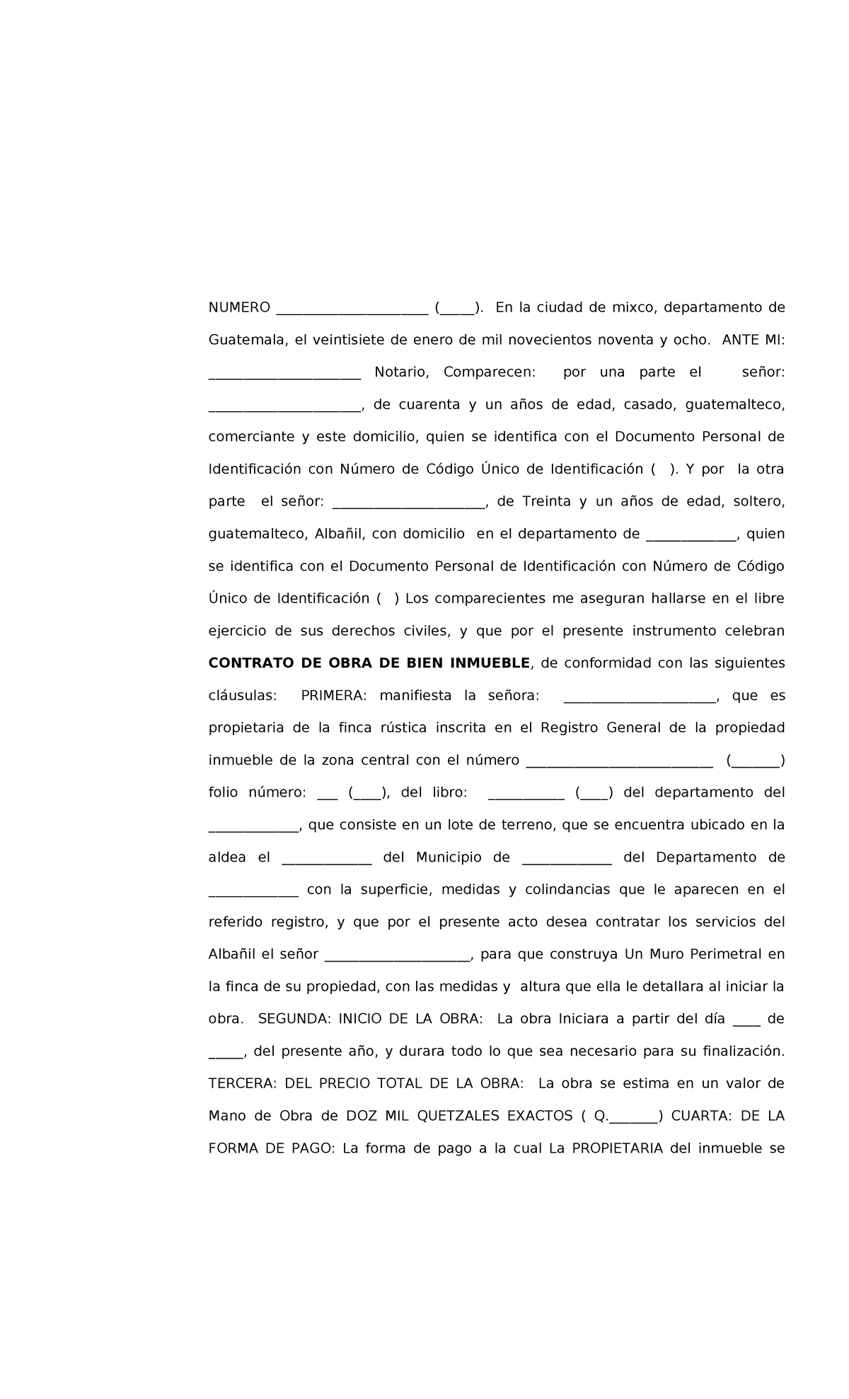 NUMERO: Contrato de Obra de Bien Inmueble - Actualización - Studocu