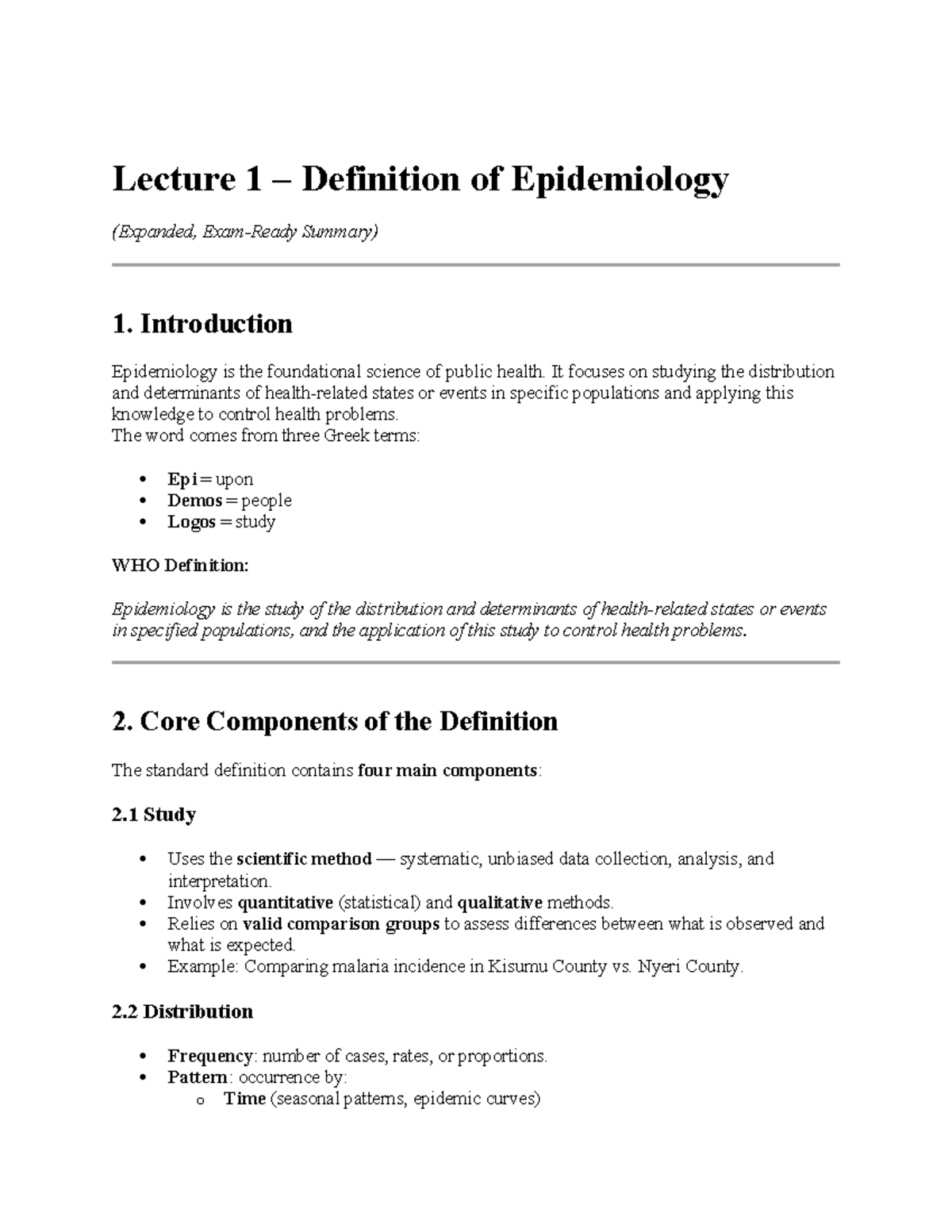 Epidemiology Lecture Notes: Definitions, History, and Causation (EPI ...