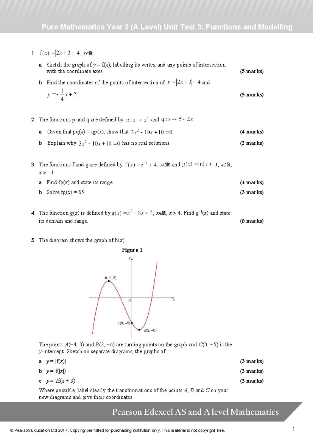 AL Maths Pure Unit 3 Test: Functions and Modelling Analysis and Graphs ...