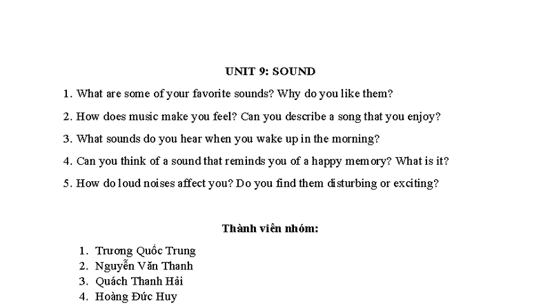 UNIT 9: SOUND - Group Exercise Reflections and Insights - Studocu