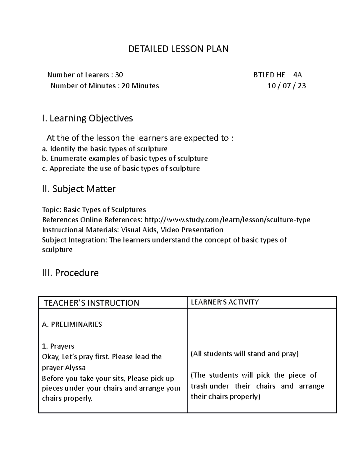 DLP BTLED HE – 4A: Lesson Plan on Basic Types of Sculptures - Studocu