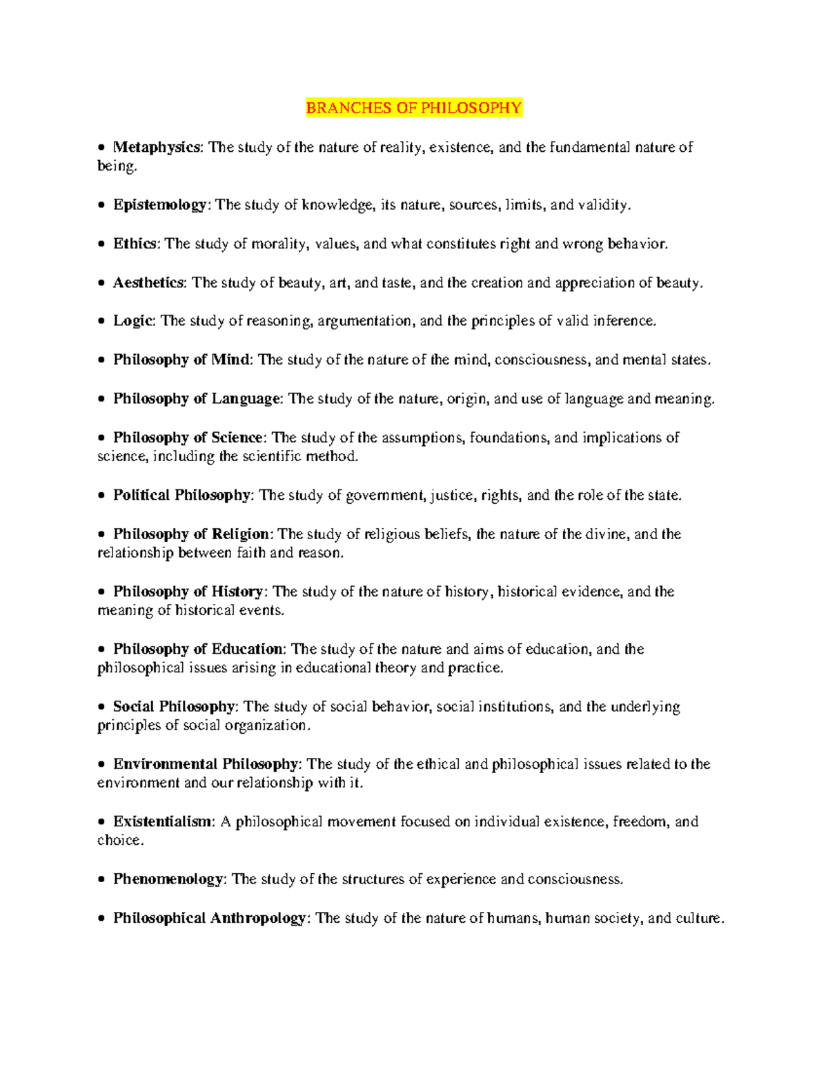 Branches of Philosophy Overview - Key Concepts Explained - Studocu