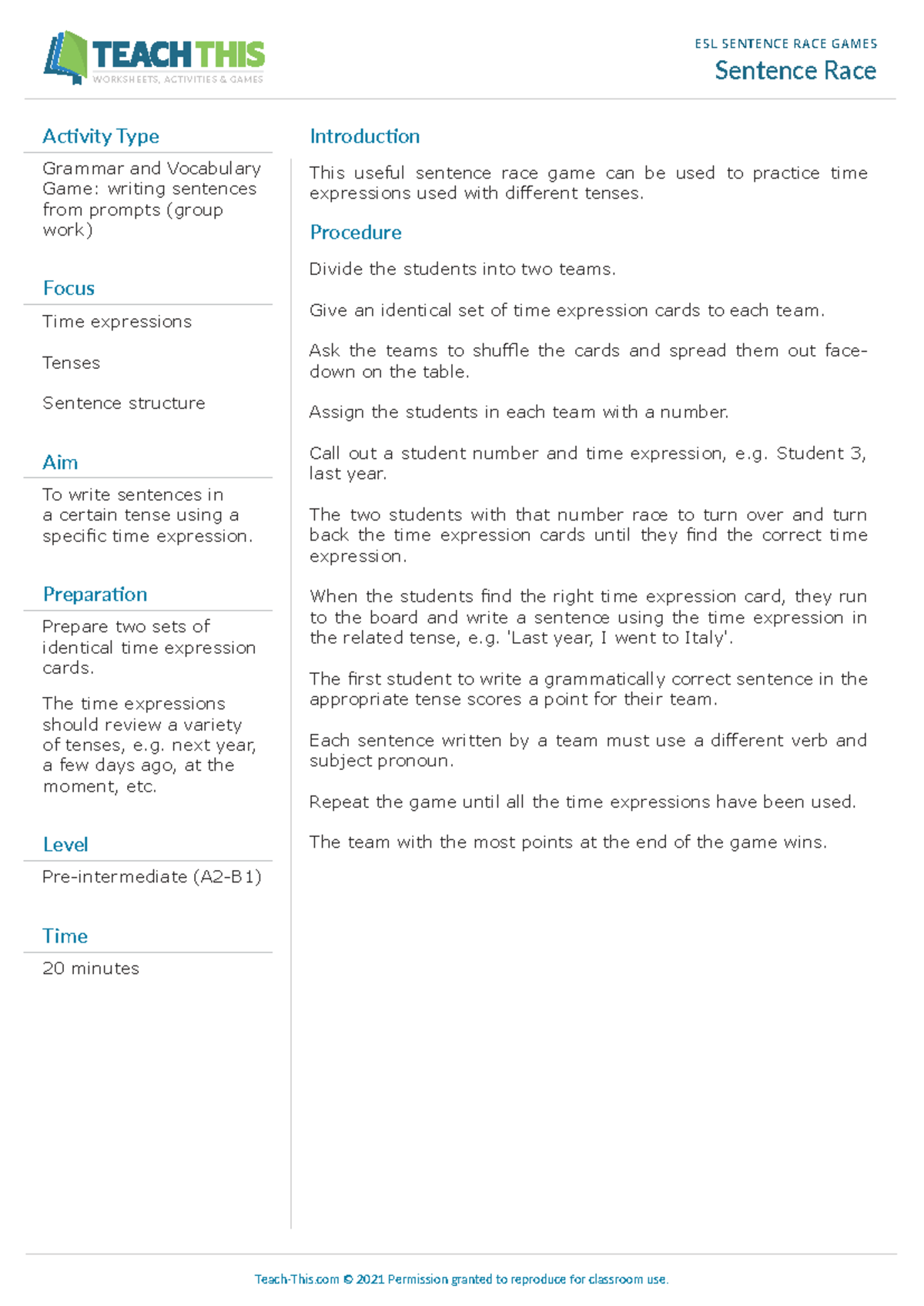 ESL Sentence Race Game: Worksheets & Activities Guide - Studocu