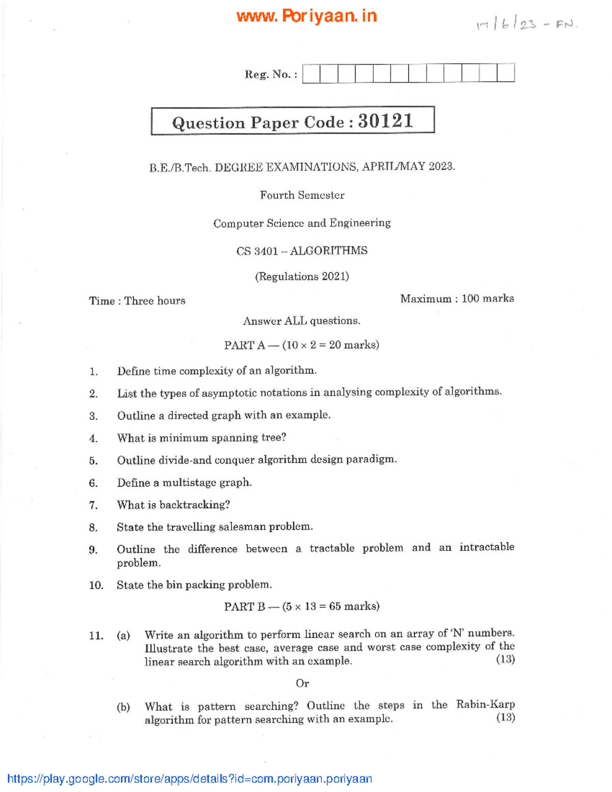 Algorithms - CS3401 2021 Reg. - 4th Sem Exam QP April 2023 - Studocu