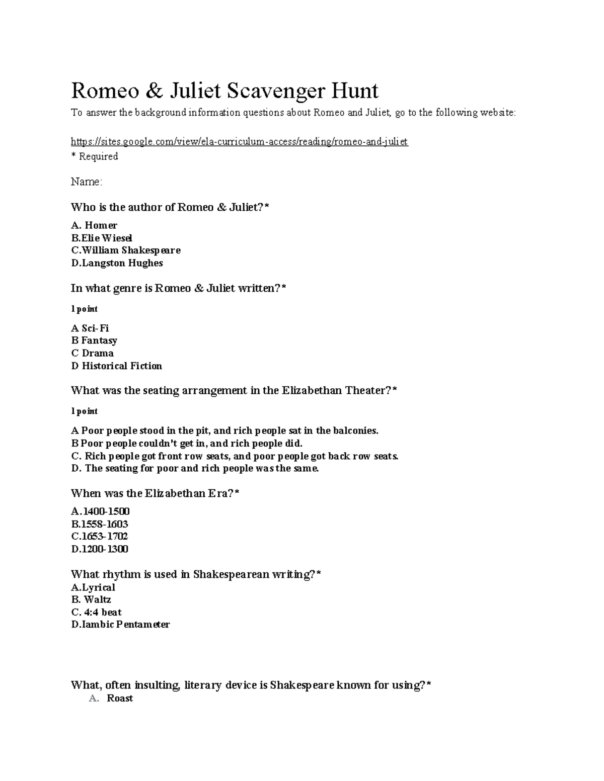 Romeo + Juliet Scavenger Hunt: Background Info & Questions - Studocu