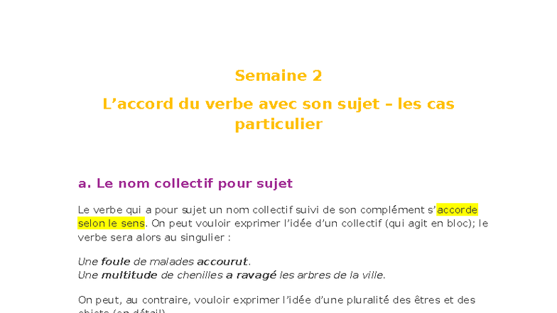 FRA 1002 Cours : Semaine 2 - Le Verbe et Son Sujet - Studocu