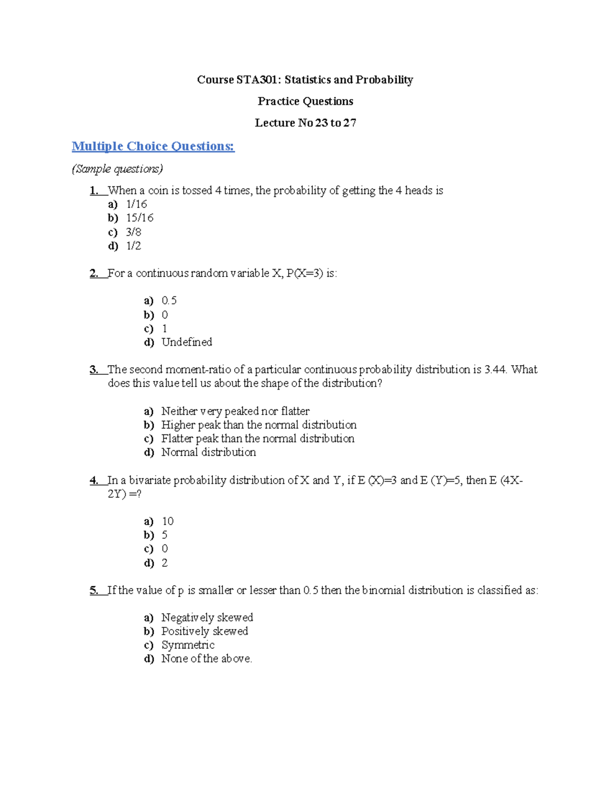 STA301 Statistics and Probability Practice Questions Solved Notes - Studocu