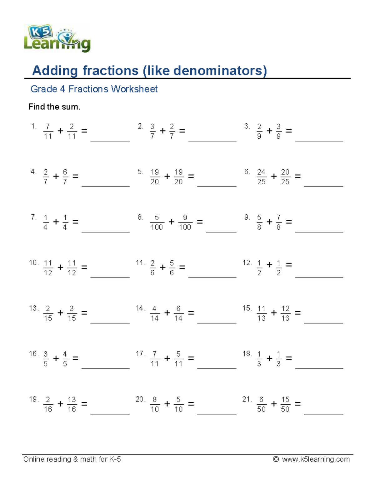 Grade 4 Fractions Worksheet: Adding Fractions with Like Denominators ...
