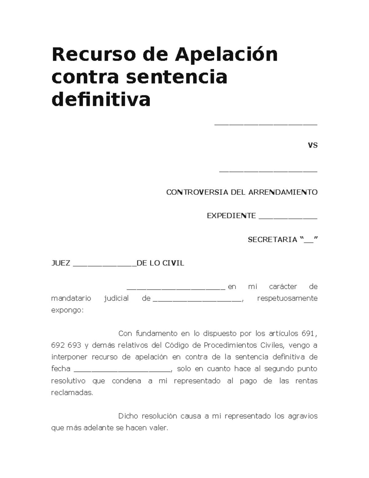 Formato Recurso de Apelación contra sentencia definitiva - Recurso de Apelación contra sentencia ...