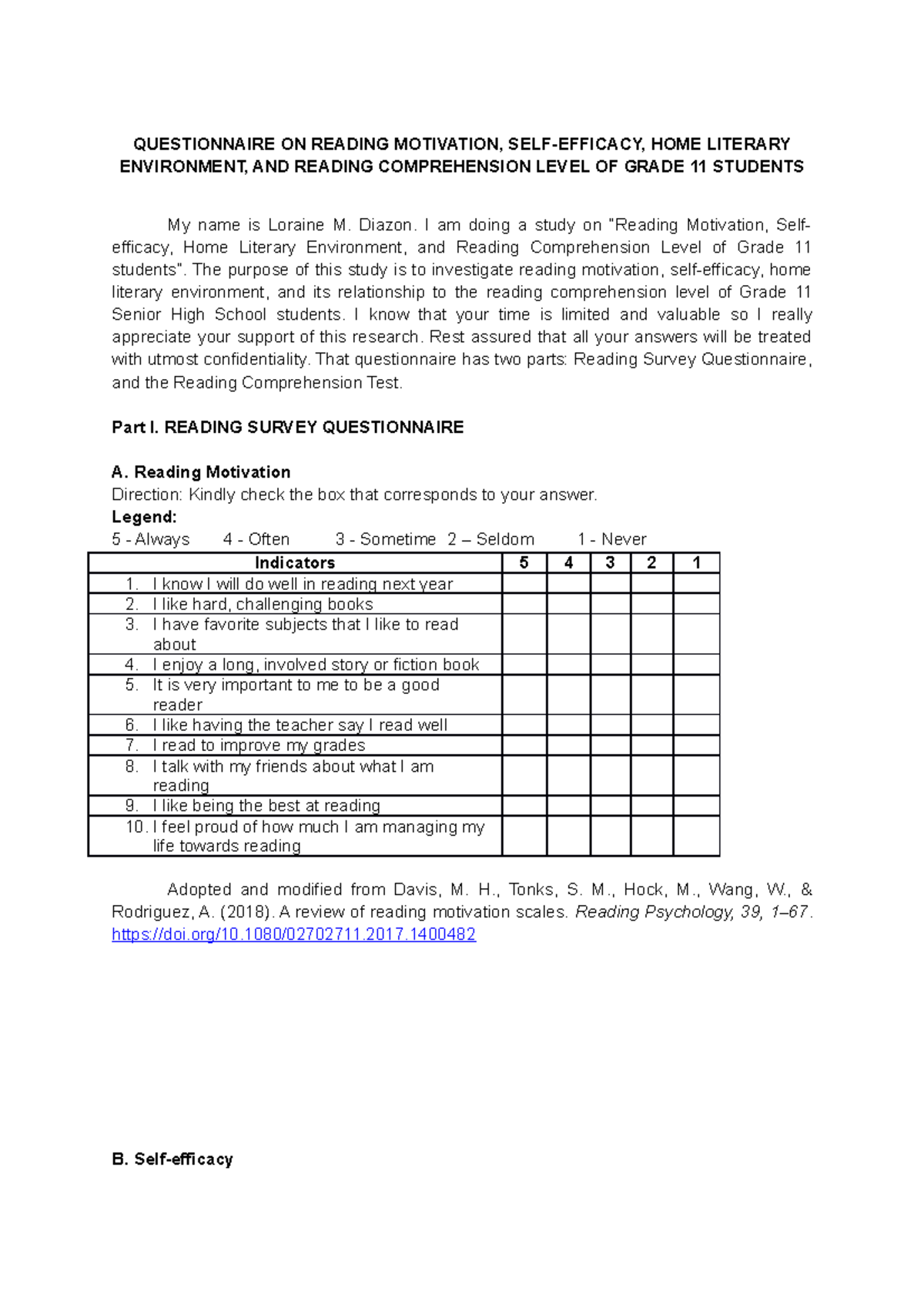 Grade 11 Questionnaire on Reading Motivation & Comprehension - Studocu